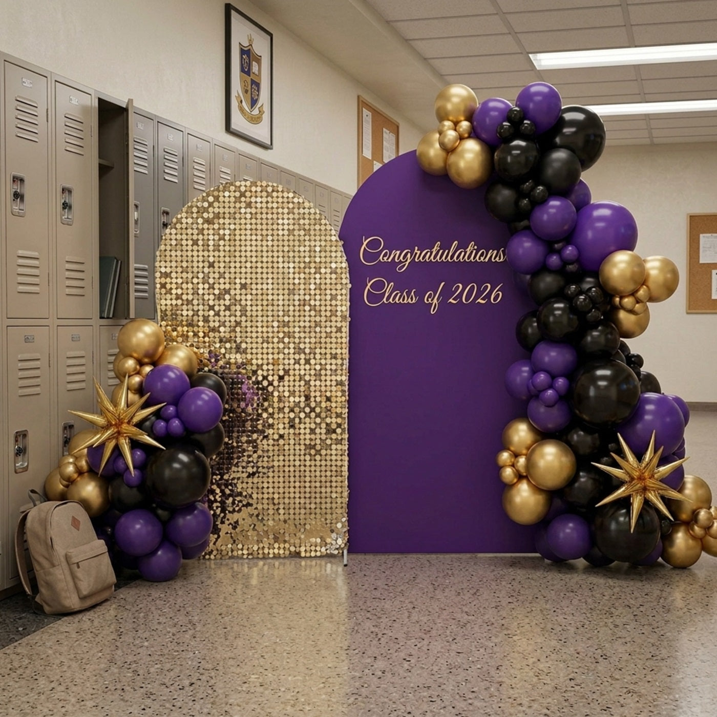 Graduation Arch Backdrop Gold Sequin Purple Dual Class of 2026 Balloon