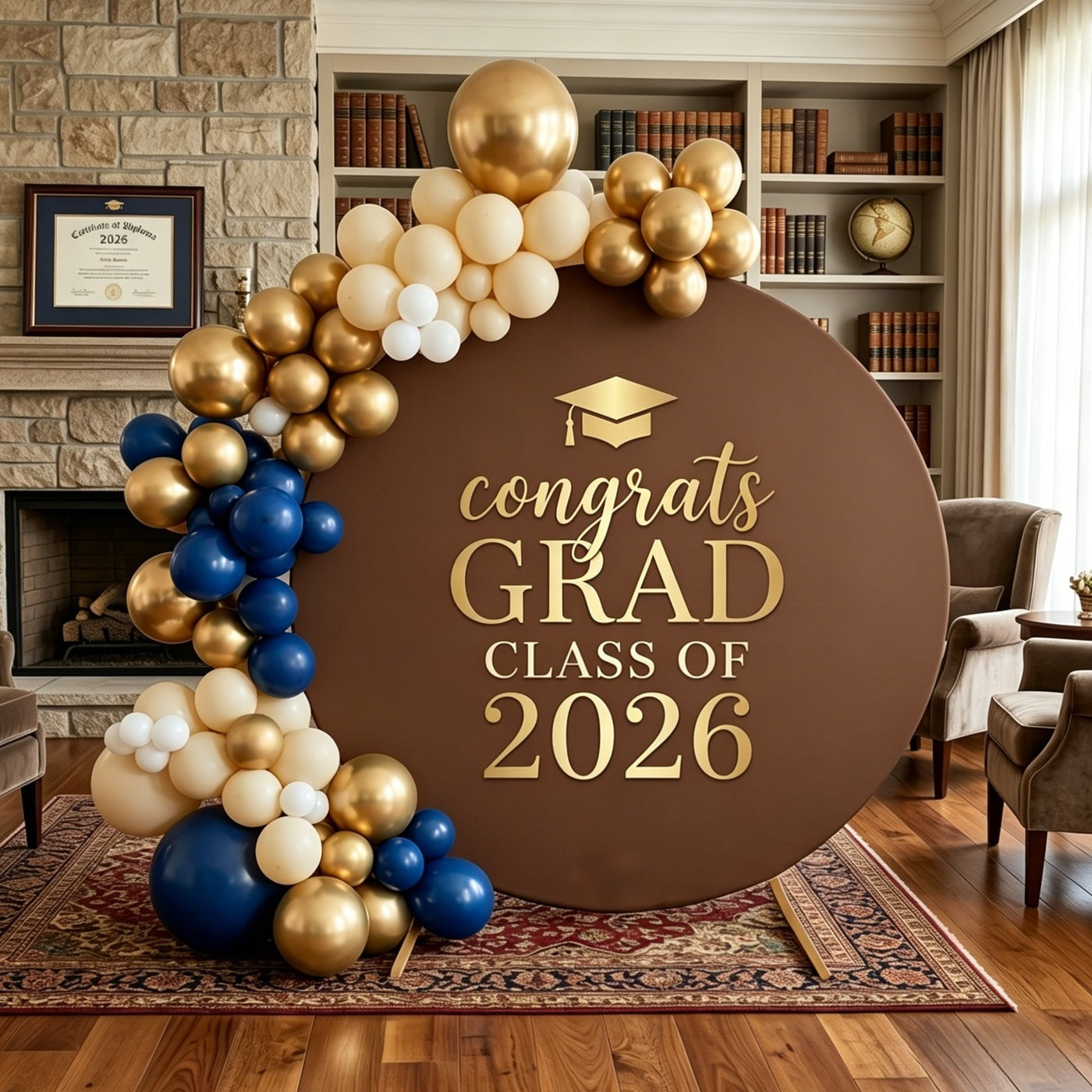 Graduation Backdrop With Name Brown Gold 2026 Grad Cap Accent Personal