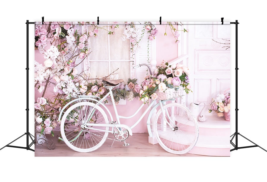 Pink Wall Filled With Flowers White Bicycle Backdrop M1-08 – Dbackdrop