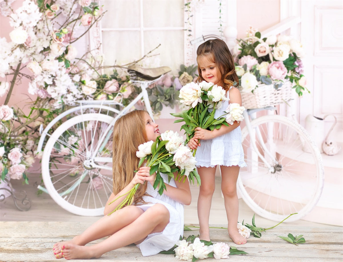 Pink Wall Filled With Flowers White Bicycle Backdrop M1-08 – Dbackdrop