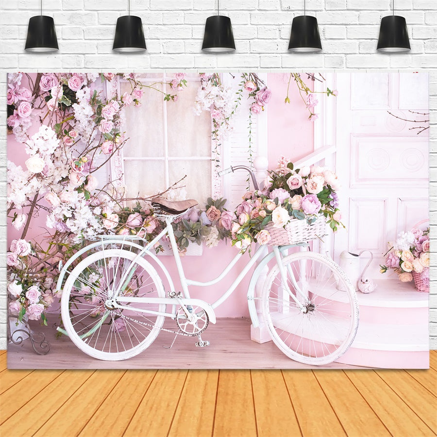 Pink Wall Filled With Flowers White Bicycle Backdrop M1-08 – Dbackdrop