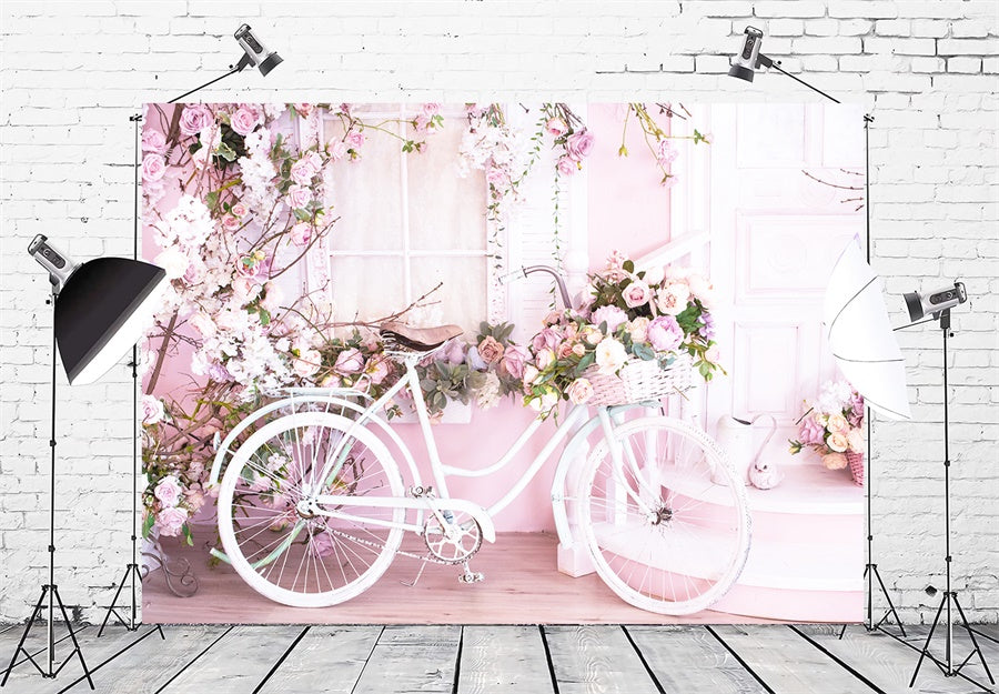 Pink Wall Filled With Flowers White Bicycle Backdrop M1-08 – Dbackdrop