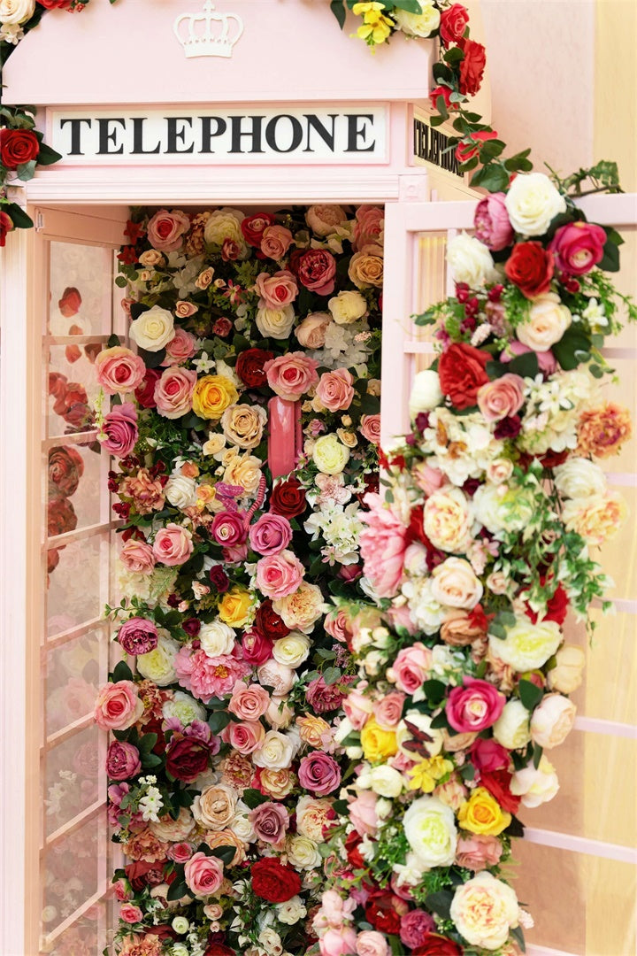 Romantic Pink Phone Booth Filled With Flowers Backdrop M1-13 – Dbackdrop