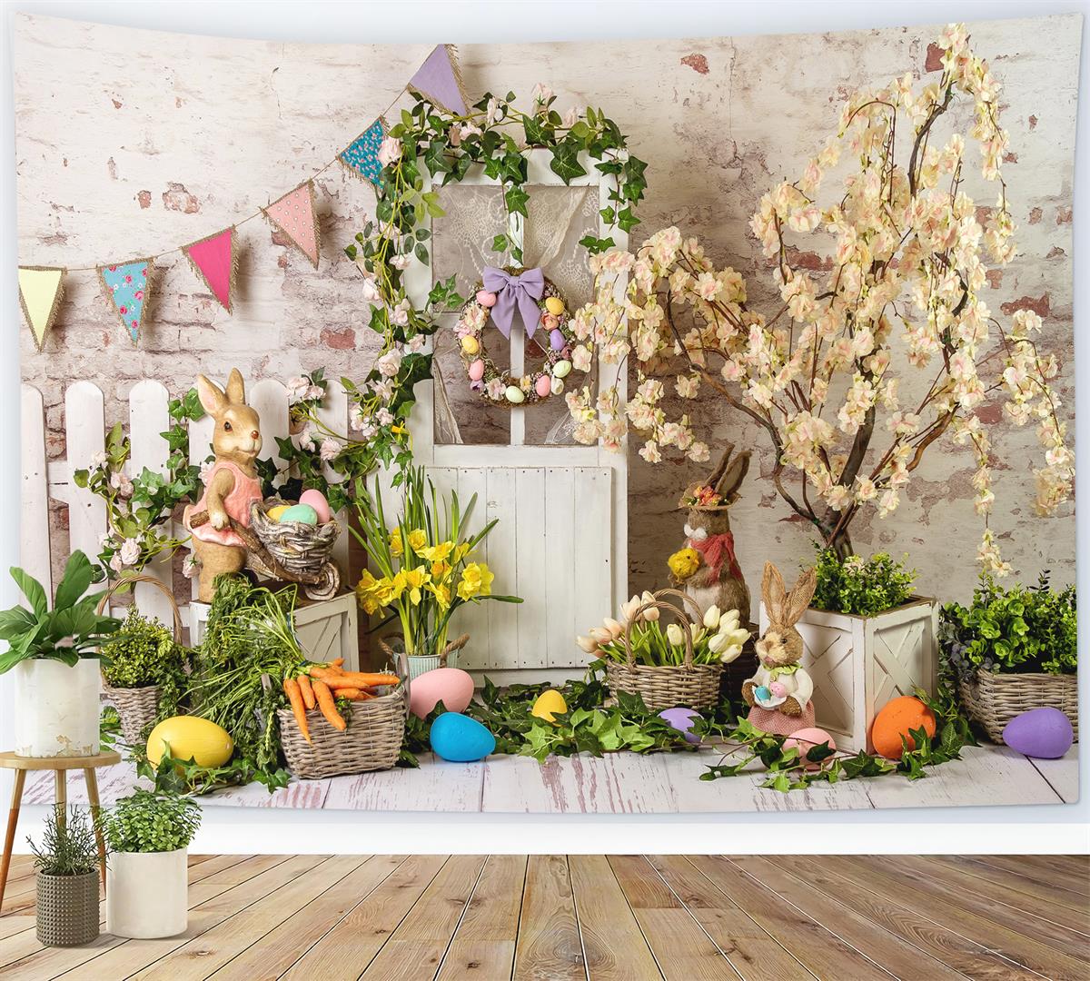 Easter Elegant Floral Wreath Wooden Door Backdrop M1-23 – Dbackdrop