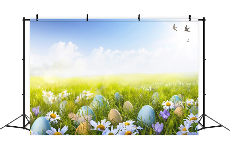 Easter Blue Sky White Clouds Swallow Eggs Green Grass Backdrop M1-57 – Dbackdrop