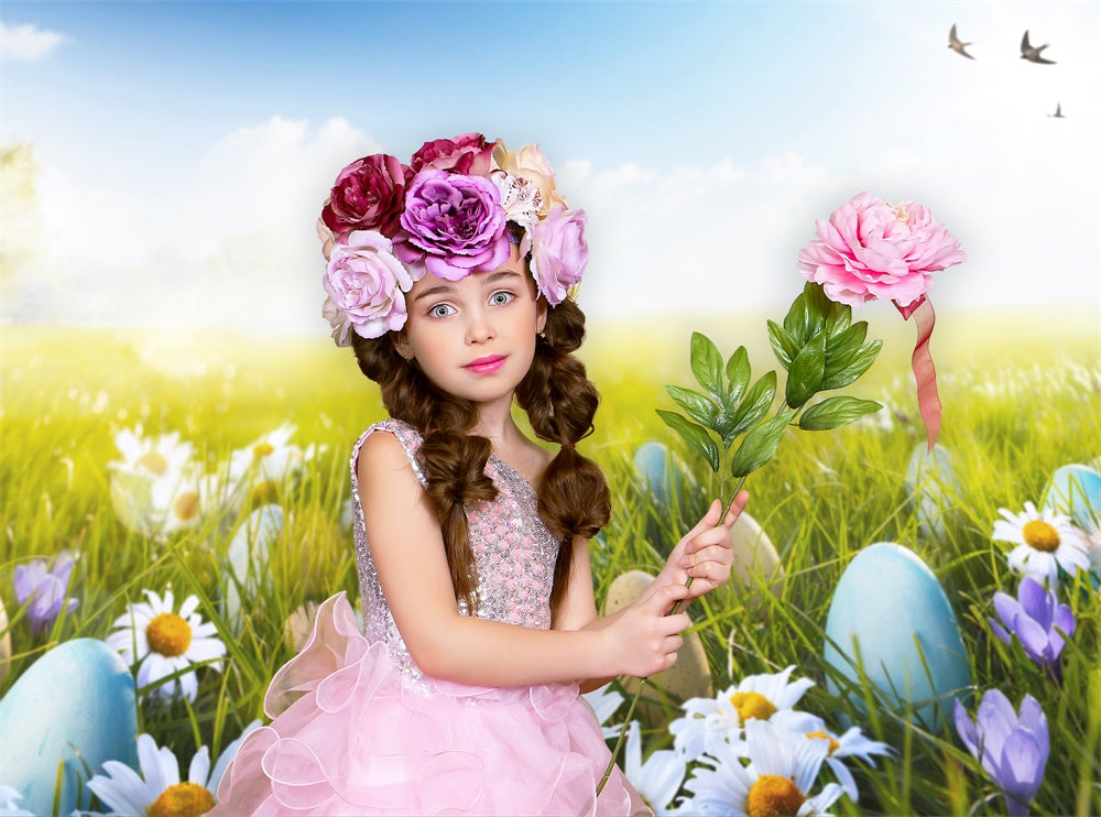 Easter Blue Sky White Clouds Swallow Eggs Green Grass Backdrop M1-57 – Dbackdrop