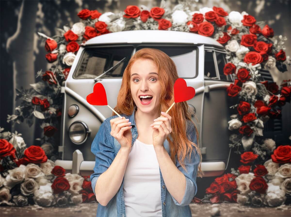 Valentine's Day Vintage Car Red And White Roses Romantic Backdrop M12 ...