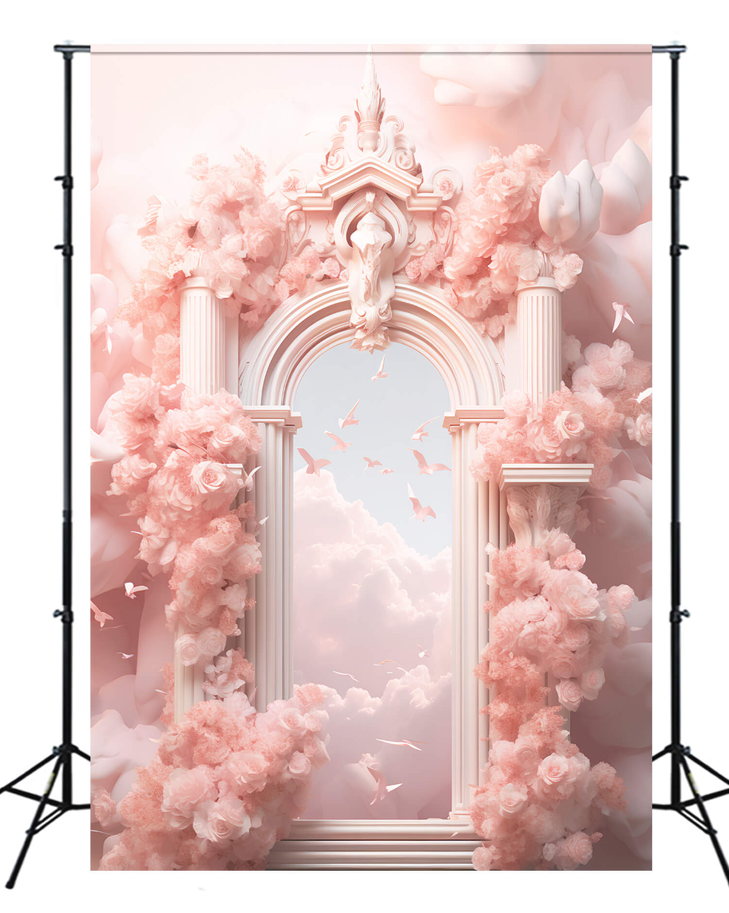 Dreamy Pink Flowers Wrapped Paradise Gate Clouds Flying Birds Backdrop ...