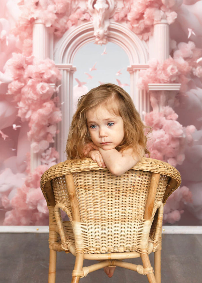 Dreamy Pink Flowers Wrapped Paradise Gate Clouds Flying Birds Backdrop