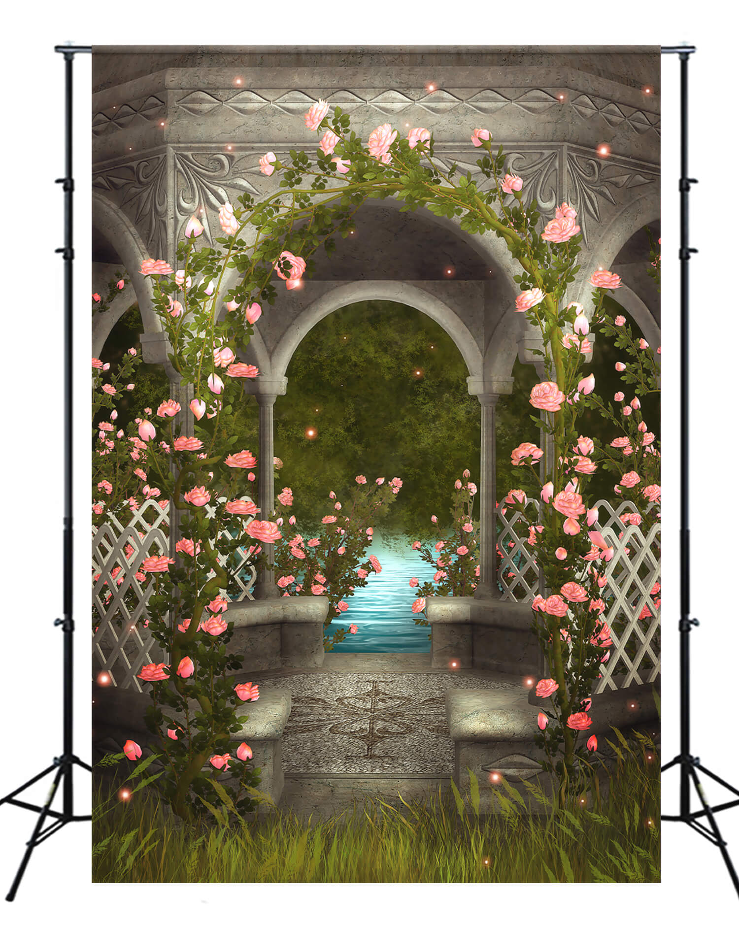 Romantic Pink Wild Roses Around Marble Gazebo Stream Forest Backdrop M ...