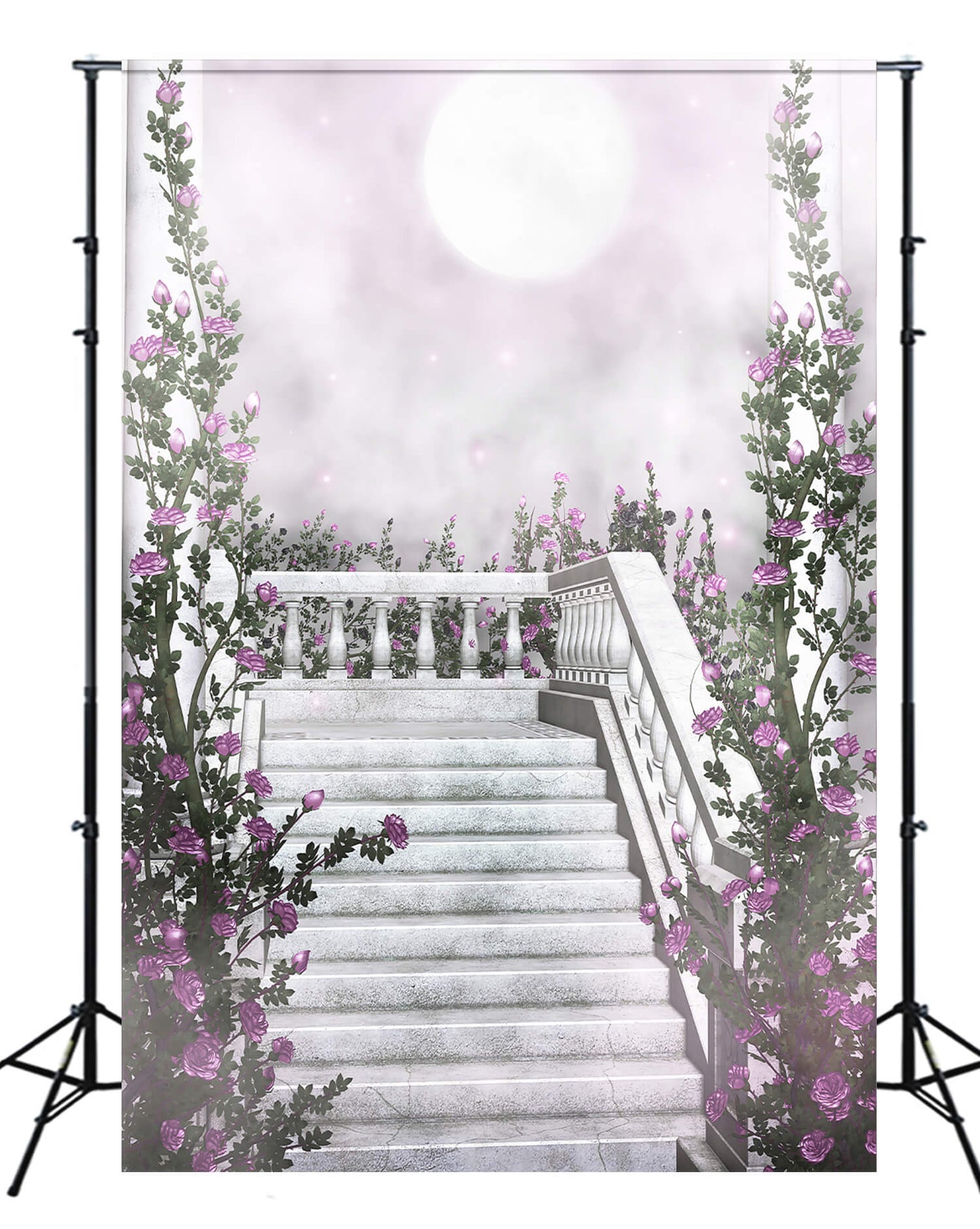 Mysterious Moonlight Mist Shrouded Marble Steps Purple Flower Vine Bac ...
