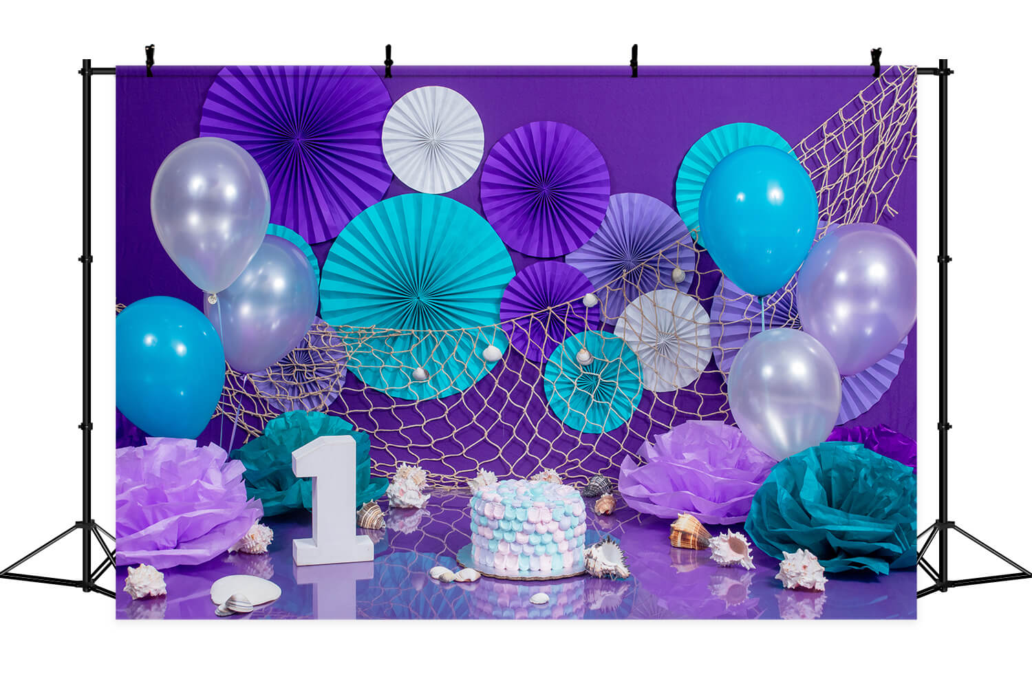1st Birthday Mermaid Cake Shells Fishing Nets Balloon Paper Sculpture ...