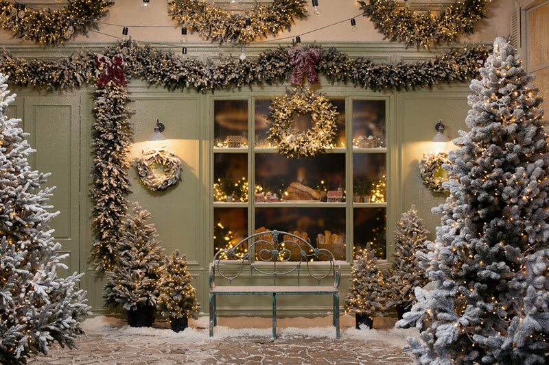 Christmas Tree Bakery Window Garland Snow Backdrop M6-92