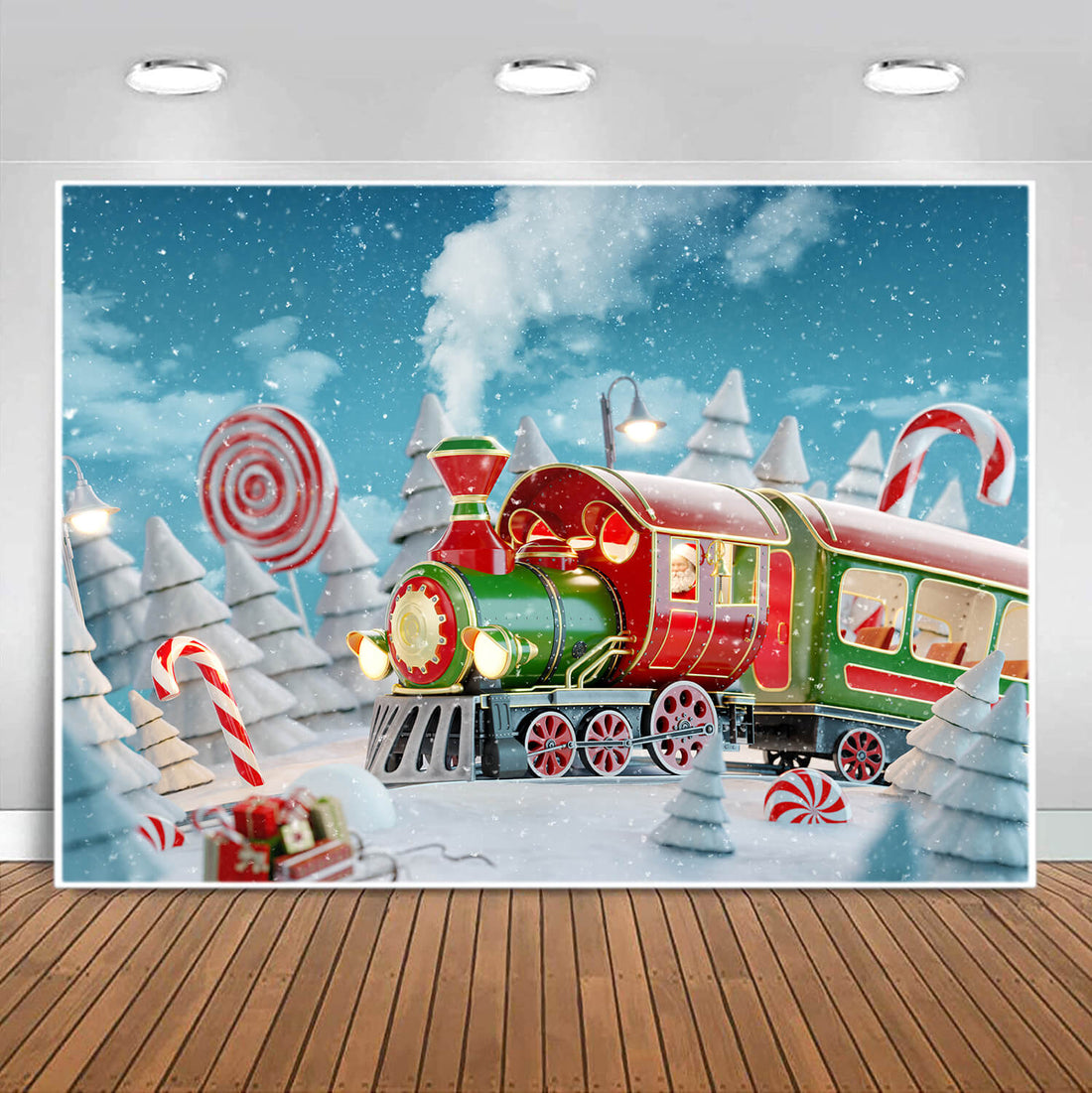 Winter Snowy Christmas Red Candy Train Backdrop M7-30 – Dbackdrop