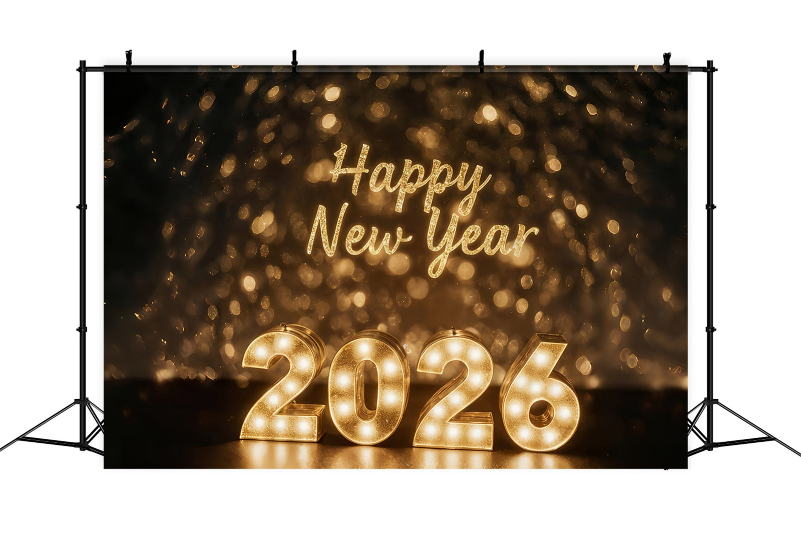 Happy New Year 2026 Backdrop Golden Lights Celebration Glow New Years
