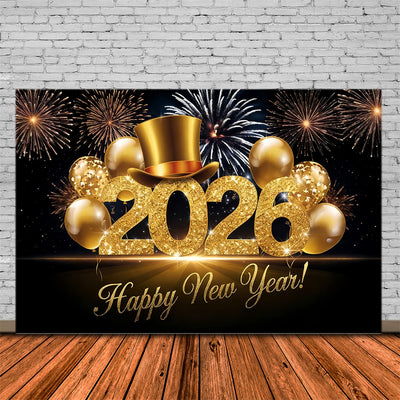 Happy New Year Photo Backdrop Glitter Balloons Festive Cheers New Year