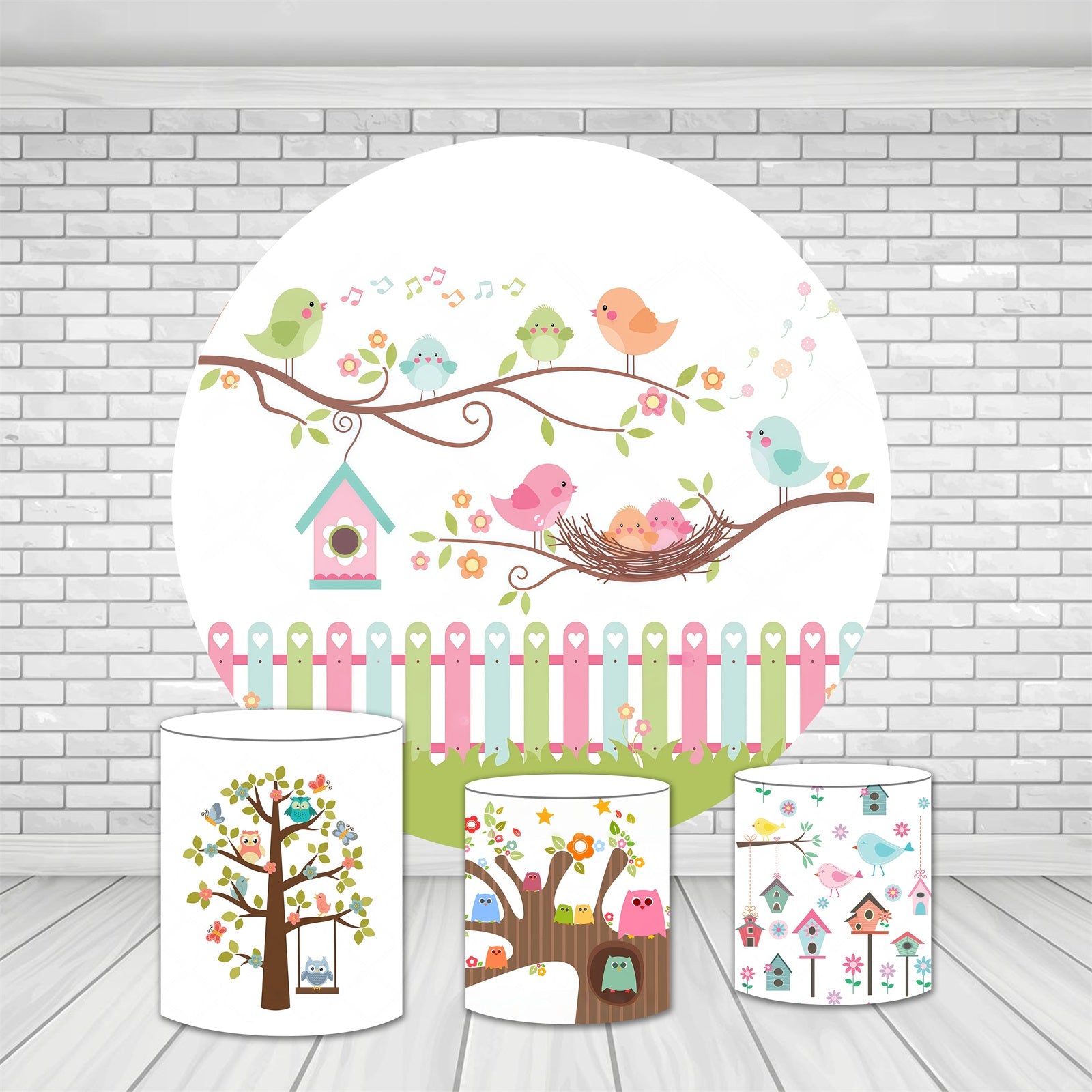 Round Backdrop Cover Kit Colorful Birds Branches Cartoon Backdrop MRR1
