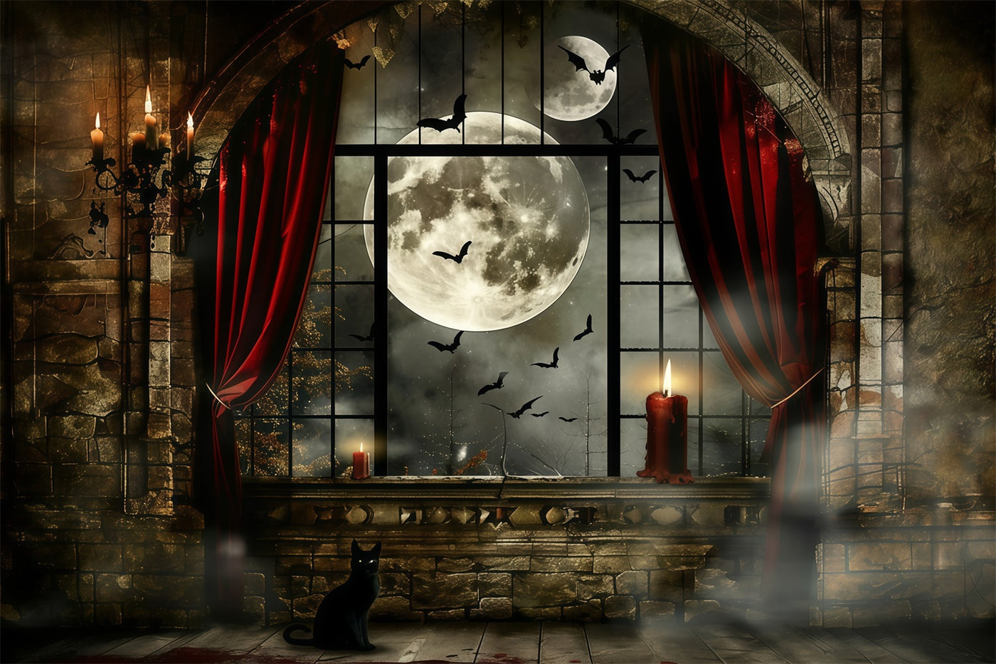 Halloween Moon Backdrop Haunted Window Glow Backdrop MRR7-33