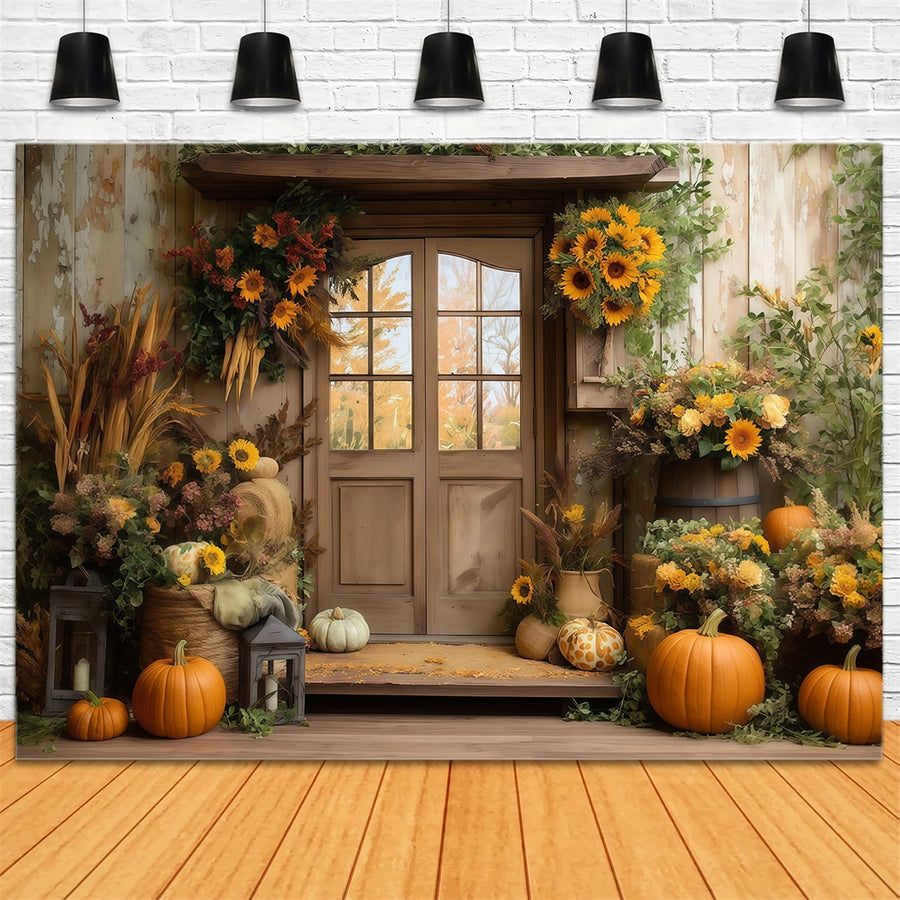 Fall Backdrop Sunflower Barn Door Pumpkin Autumn Photo Backdrop MRR8-1