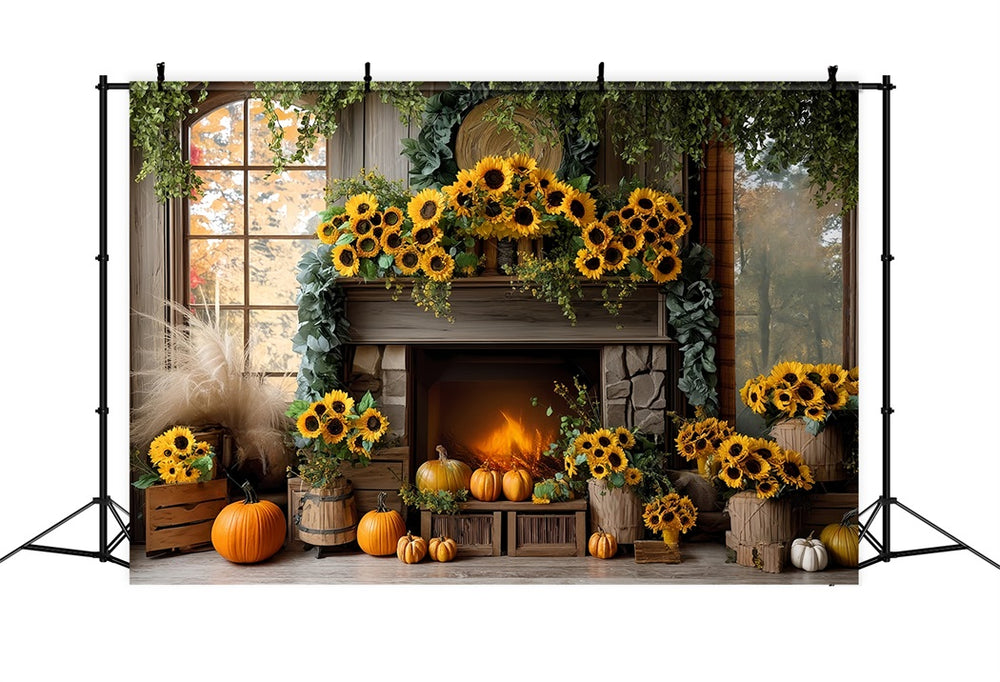 Fall Backdrop Sunflower Fireplace Door Pumpkin Autumn Fall Backdrop MR