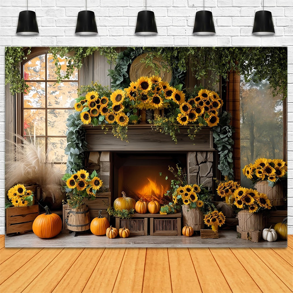 Fall Backdrop Sunflower Fireplace Door Pumpkin Autumn Fall Backdrop MR