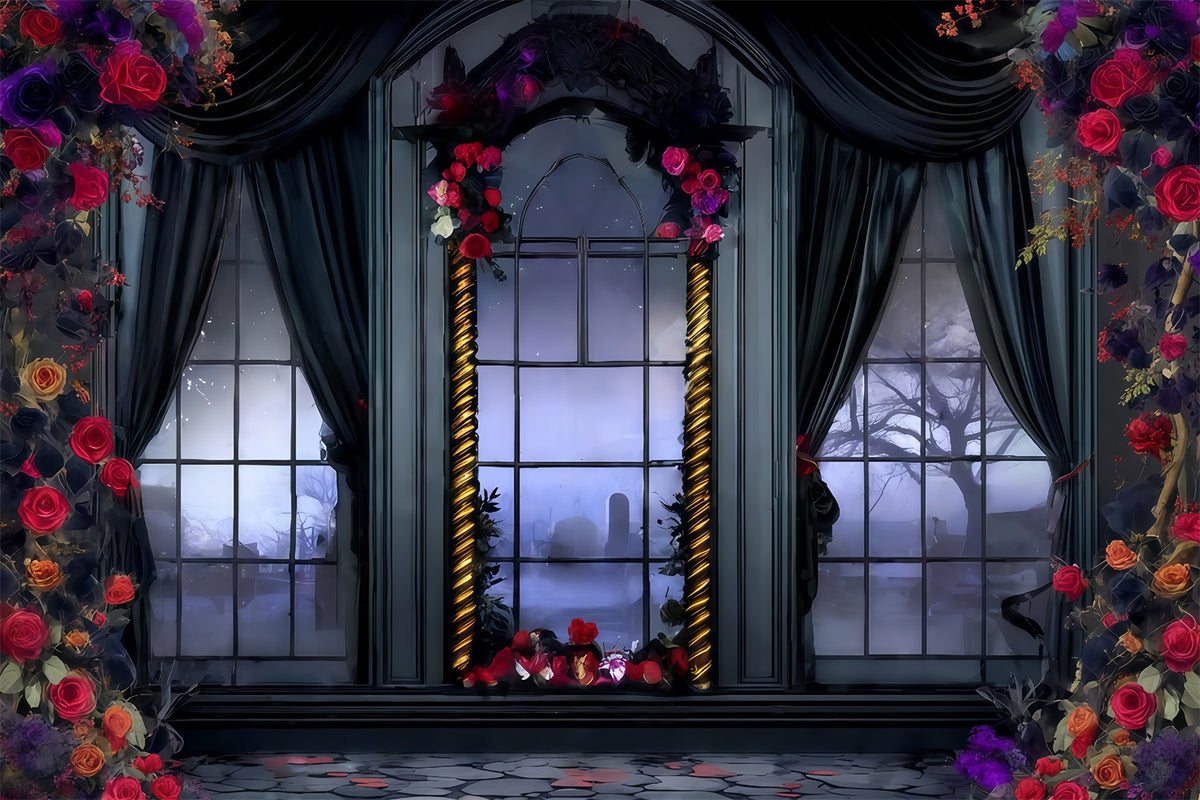 Halloween Photo Backdrop Victorian Rose Draped Window Halloween Backdr