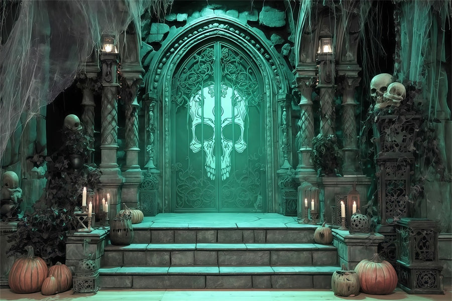 Halloween Backdrops for Photos Green Skull Crypt Entrance Halloween Ba