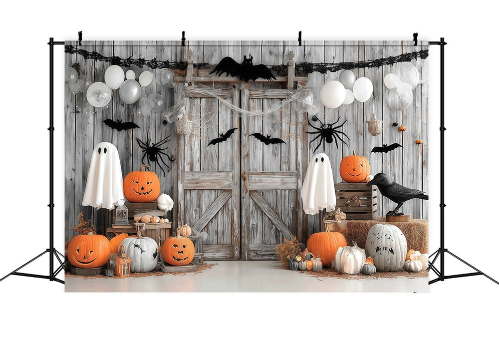 Halloween Backdrops for Photos Wooden Door Spider Bat Spooky Halloween