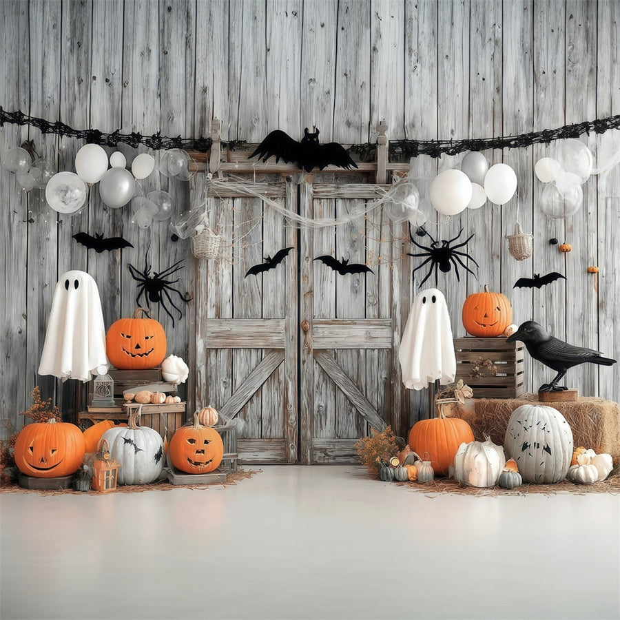Halloween Backdrops for Photos Wooden Door Spider Bat Spooky Halloween