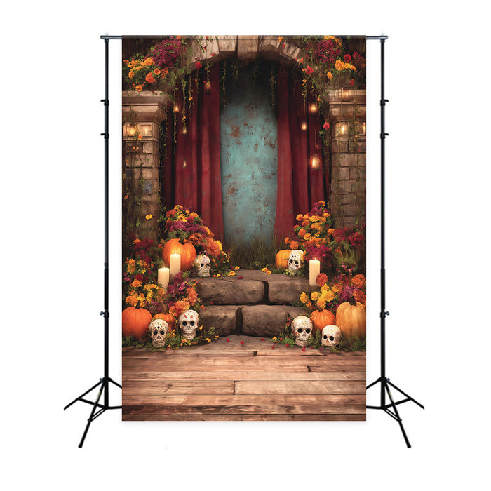 Halloween Photography Backdrop Flower Sacrifice Skeleton Candle Arch B