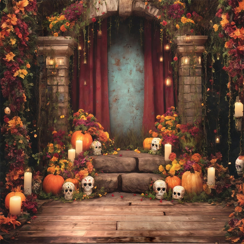 Halloween Photography Backdrop Flower Sacrifice Skeleton Candle Arch B