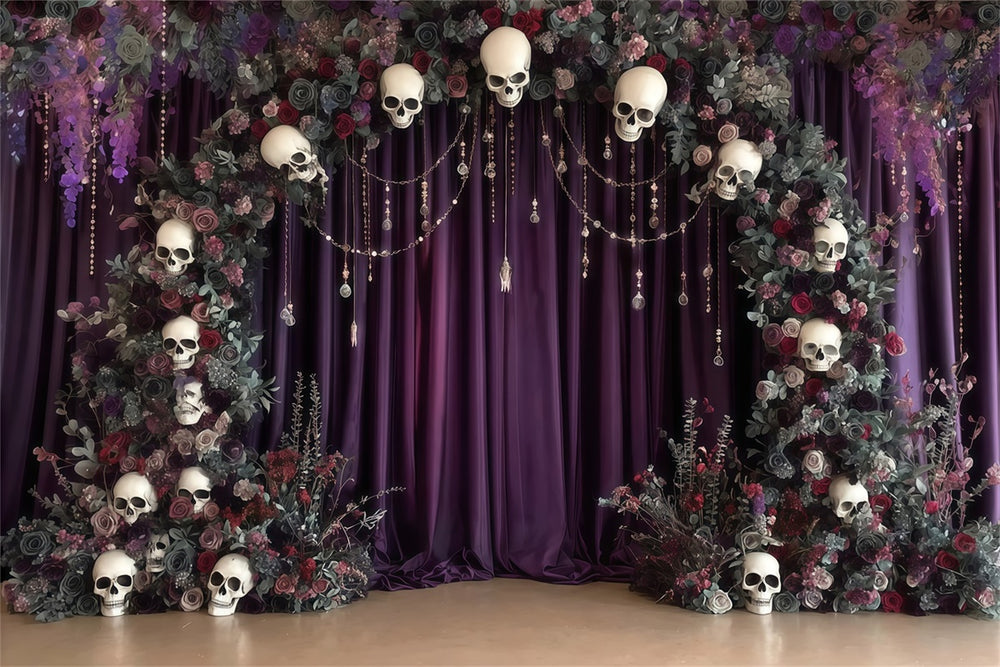Halloween Photo Backdrop Skull Arch Flower Mystery Purple Halloween Ba
