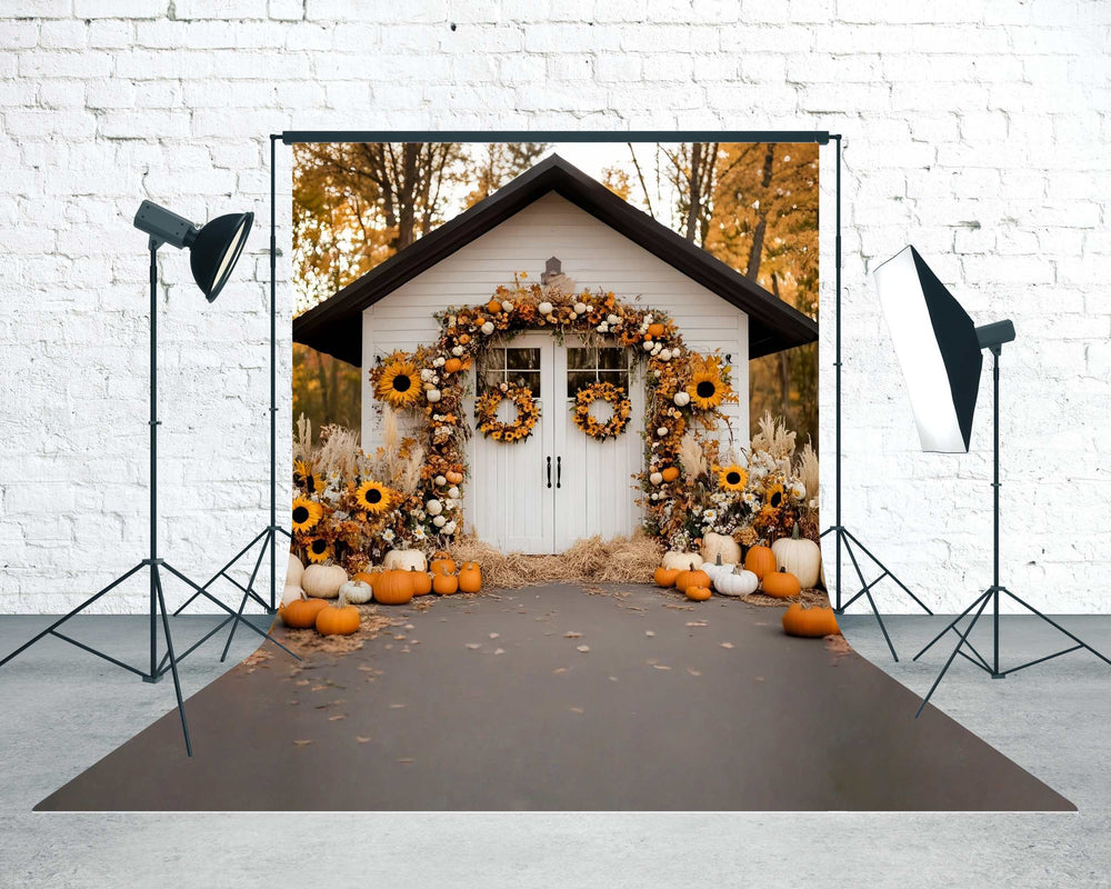 Fall Backdrop for Pictures Sunflower Pumpkin Cottage Porch Sweep Backd