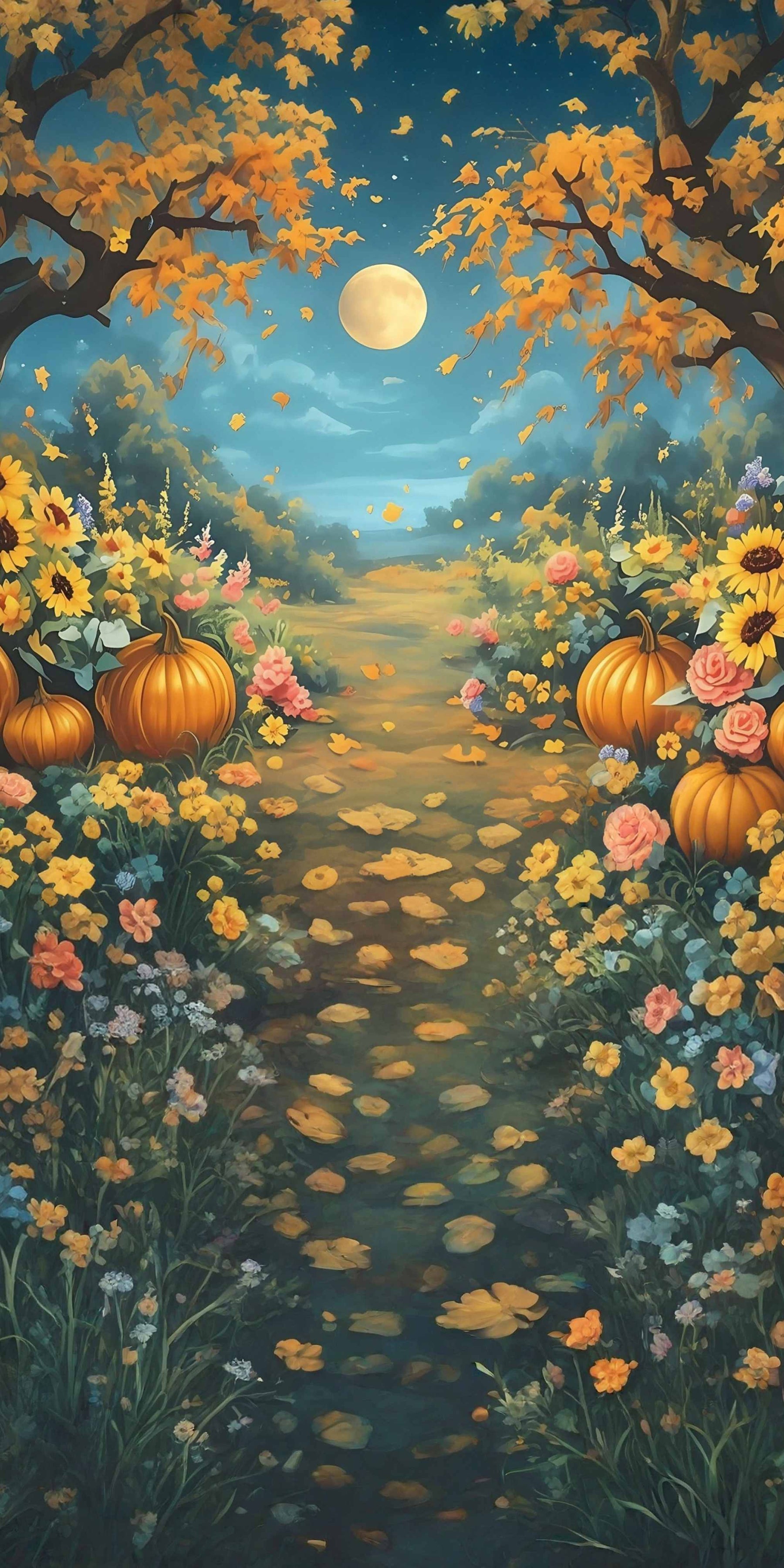 Fall Photo Backdrop Moonlight Pumpkin Garden Path Sweep Backdrop MRR8-