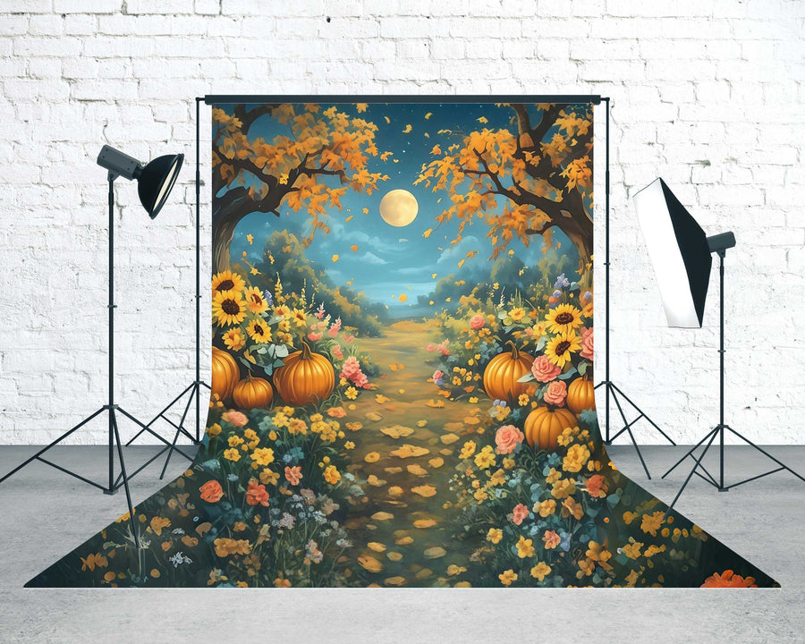 Fall Photo Backdrop Moonlight Pumpkin Garden Path Sweep Backdrop MRR8-