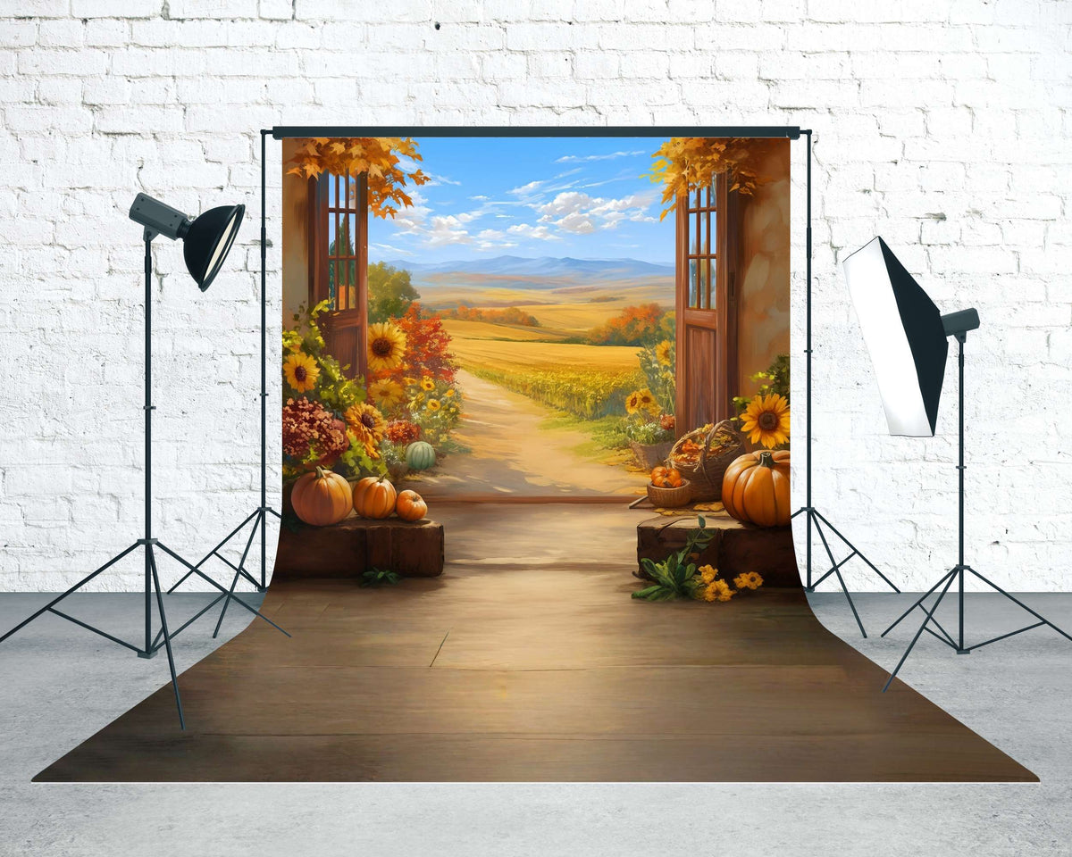 Fall Leaves Backdrop Autumn Window View Farm Trail Sweep Backdrop MRR8