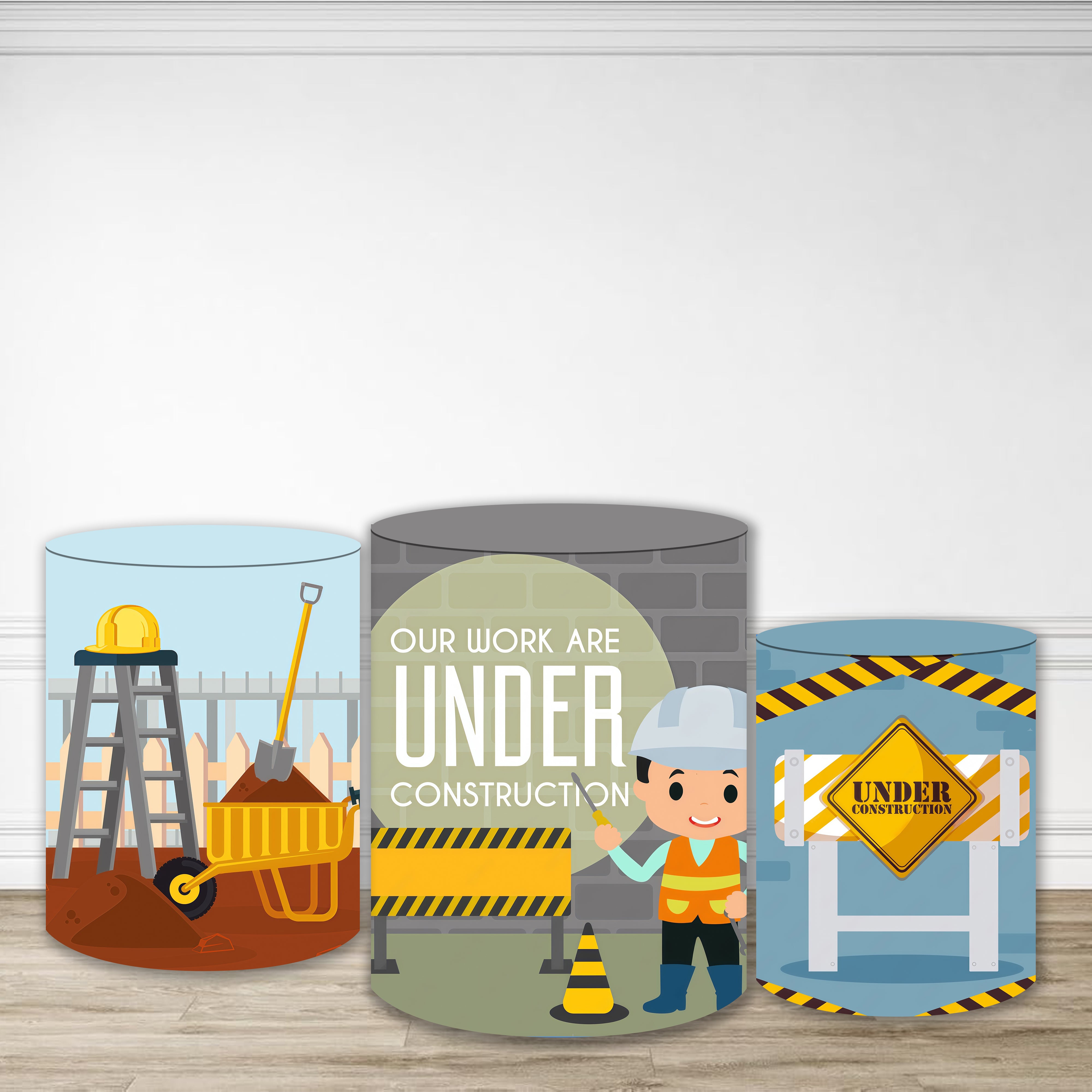 Pedestal Covers Cartoon Construction Tools Worker Plinth Cylinder Cove