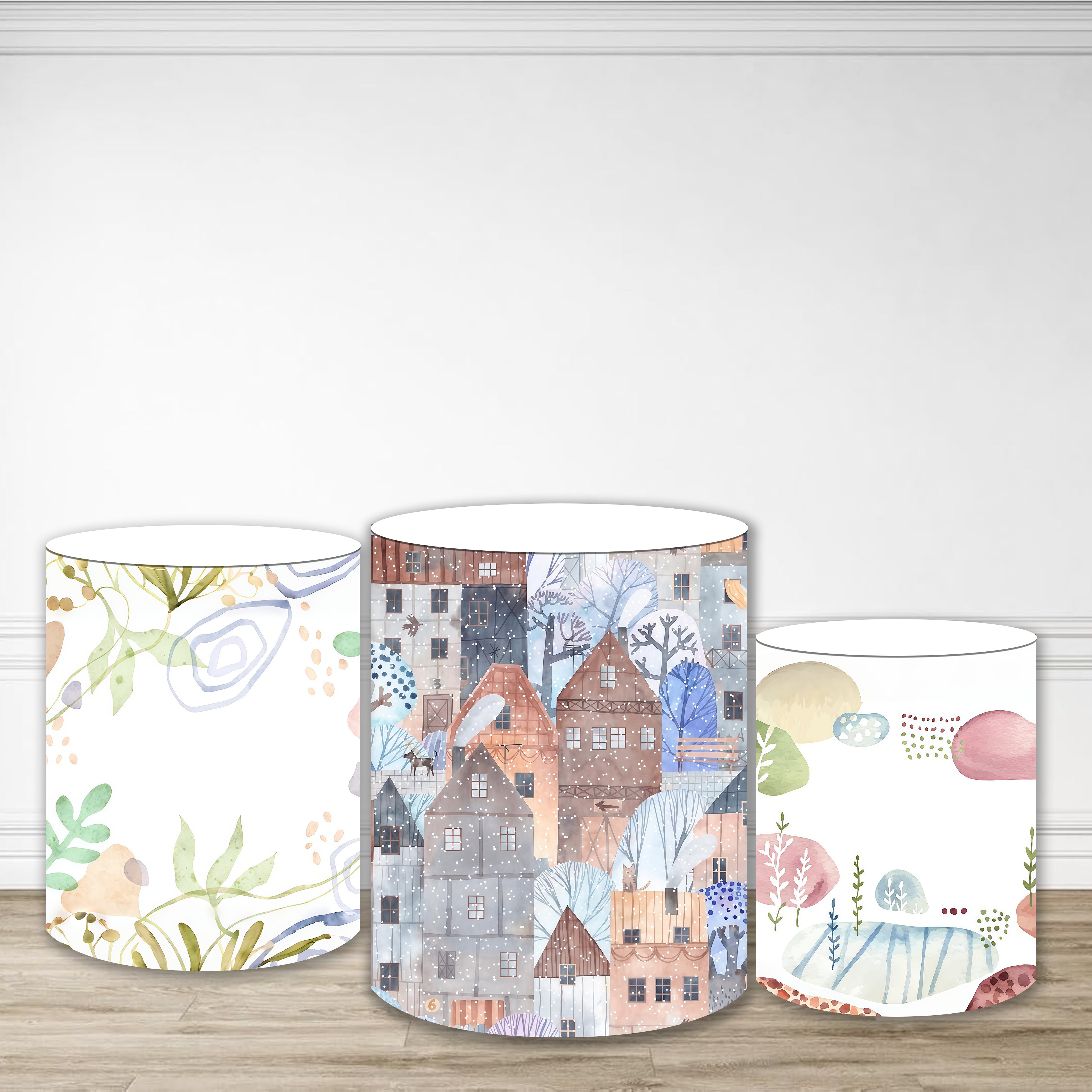 Plinth Cover Watercolor Cartoon Village Houses Cylinder Cover MRR9-182