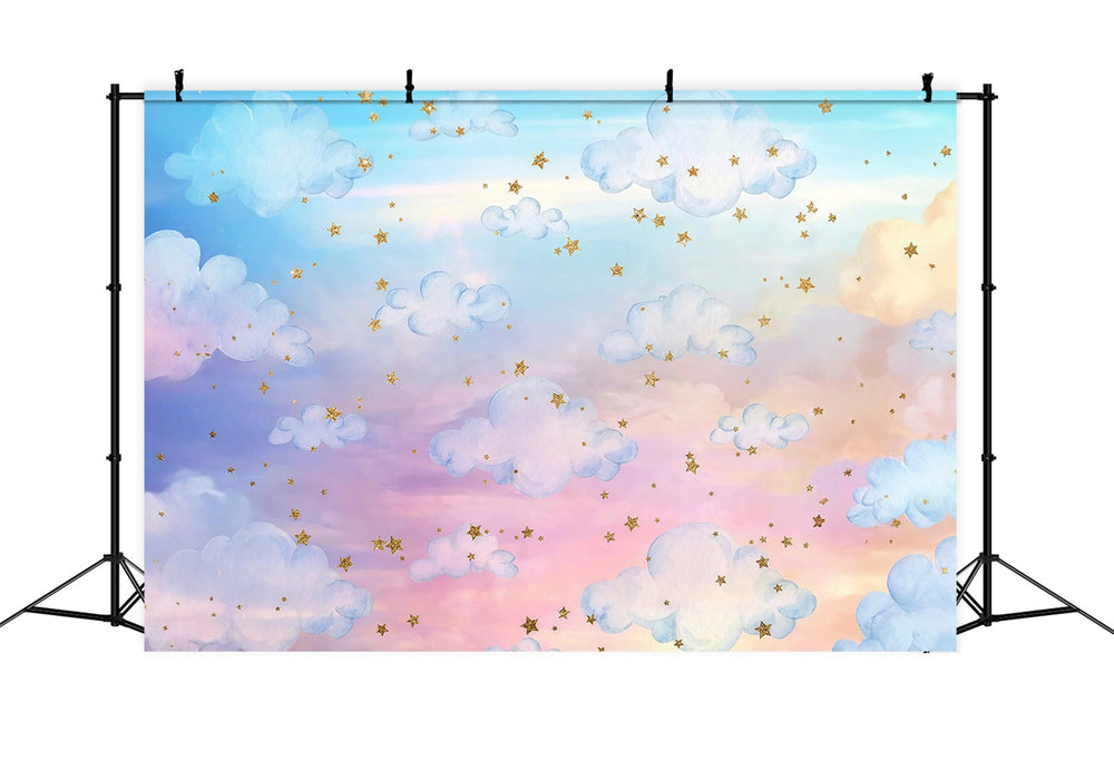 Clouds Backdrop Rainbow Clouds Golden Stars Cloudy Sky Backdrop MRR9-2