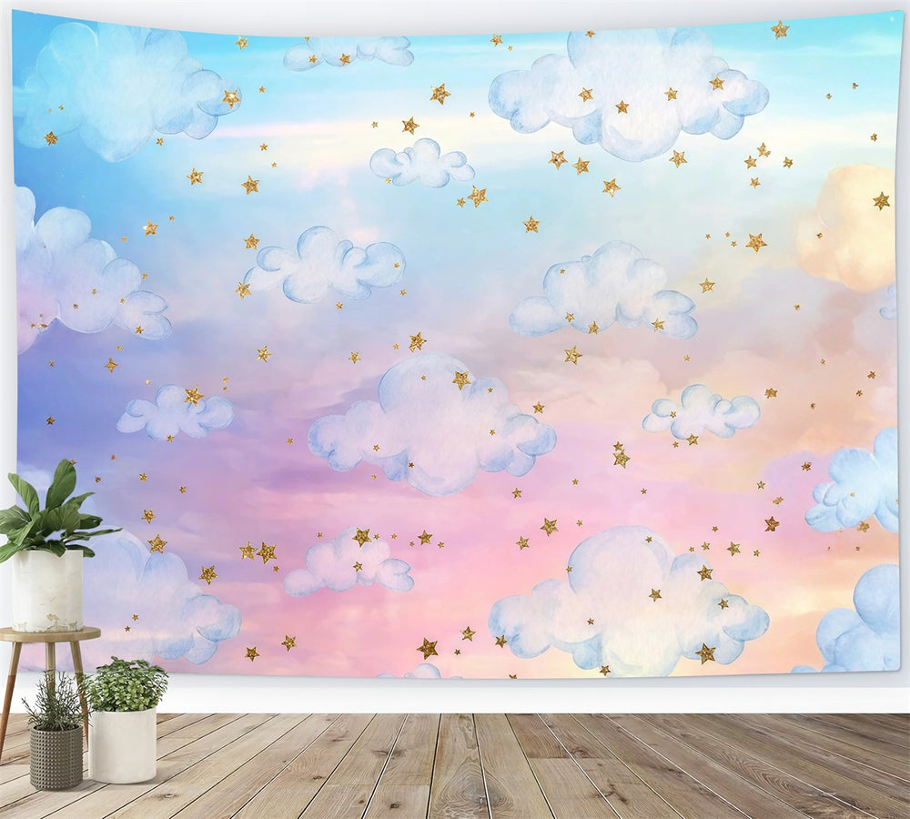 Clouds Backdrop Rainbow Clouds Golden Stars Cloudy Sky Backdrop MRR9-2