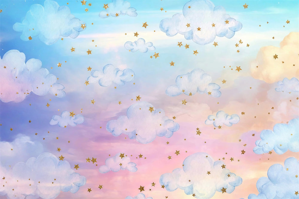 Clouds Backdrop Rainbow Clouds Golden Stars Cloudy Sky Backdrop MRR9-2