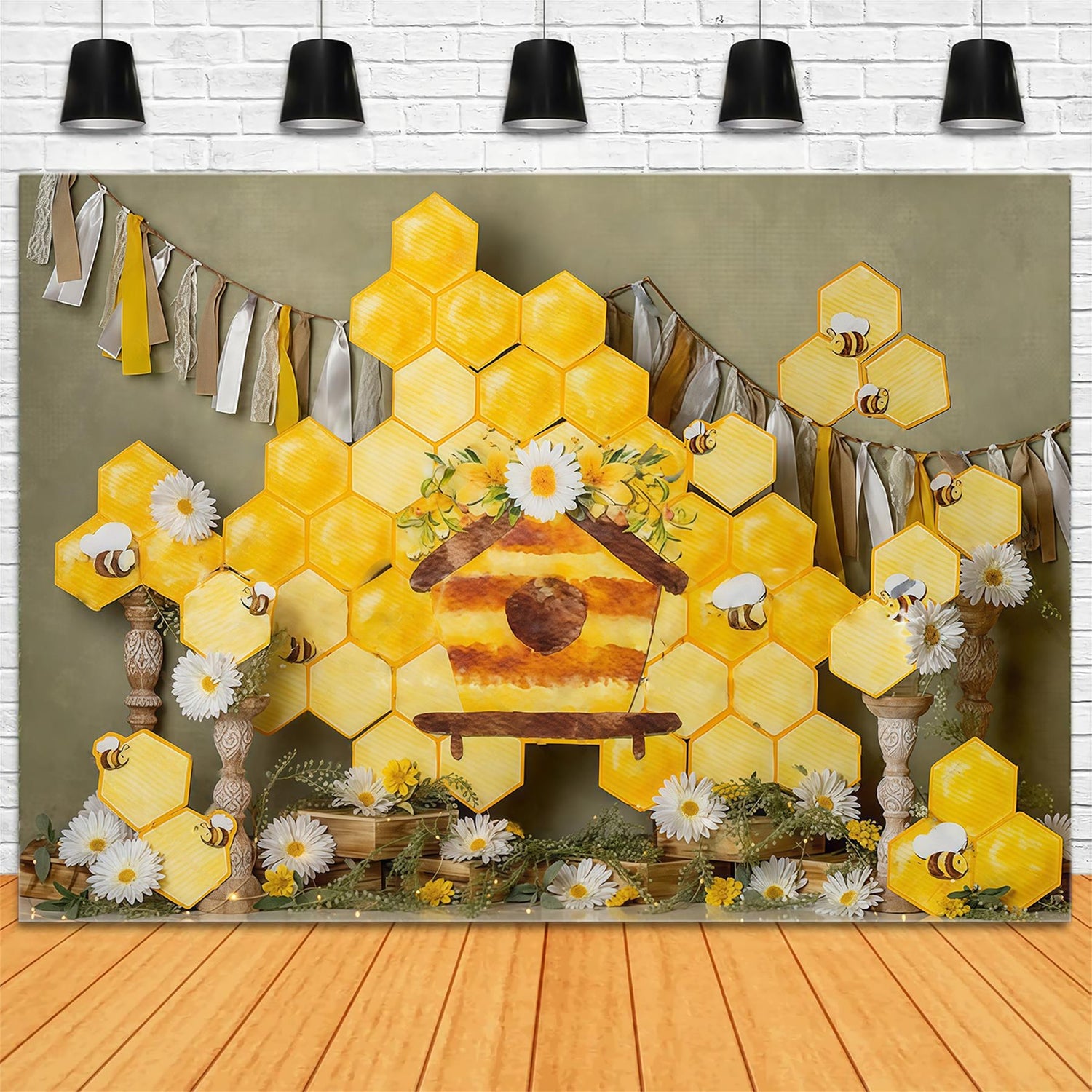Kids Photo Backdrop Honeycomb Daisy Bee Cottage Display Children Backd