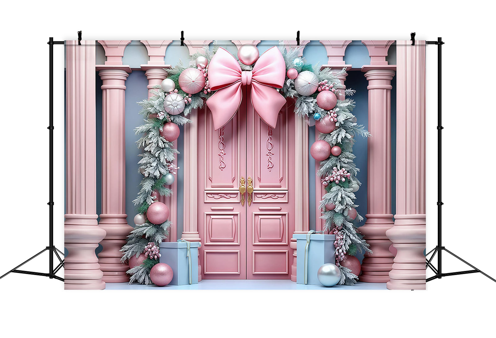 Pink Christmas Backdrop Pink Door Bow Garland Christmas Backdrop MRR9-