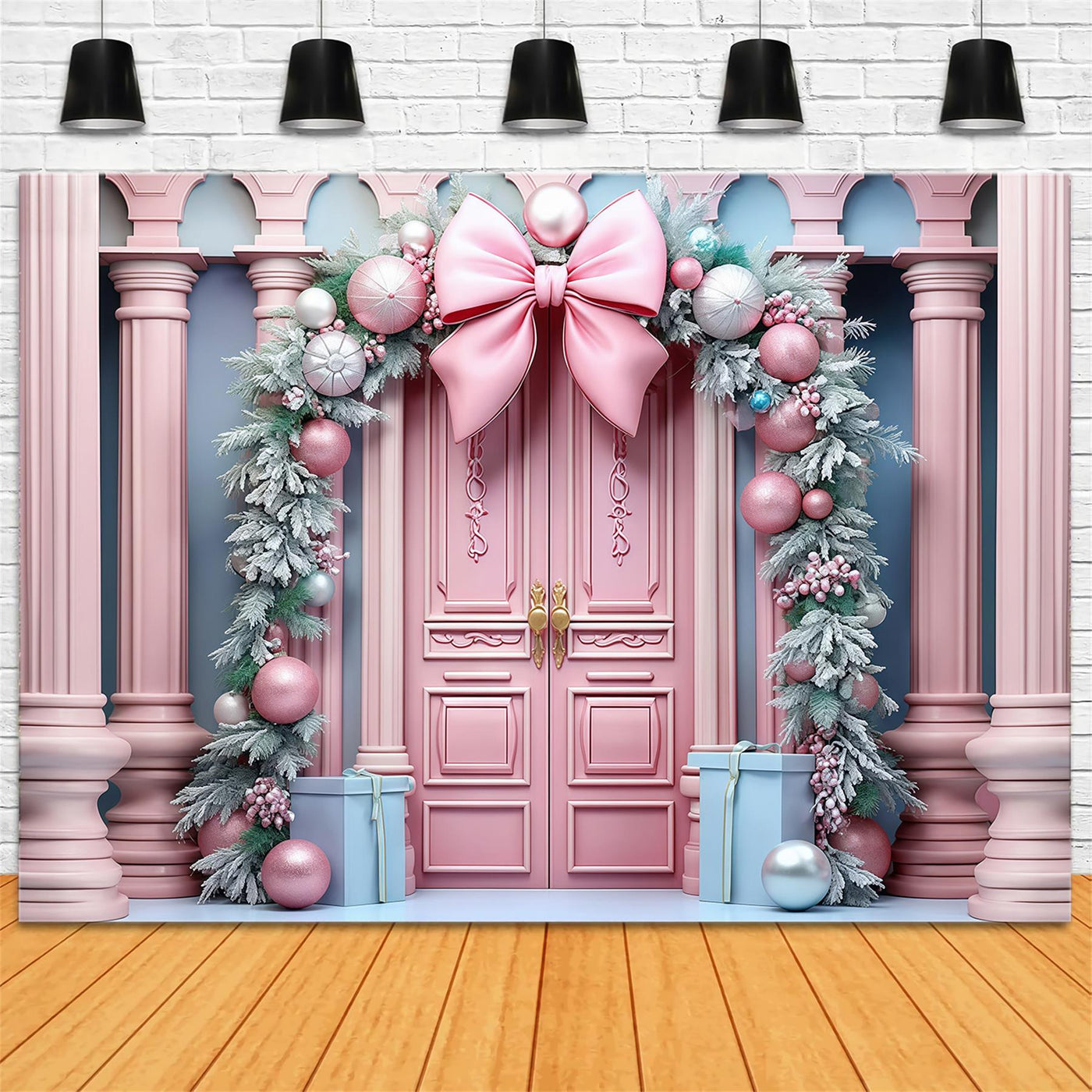 Pink Christmas Backdrop Pink Door Bow Garland Christmas Backdrop MRR9-
