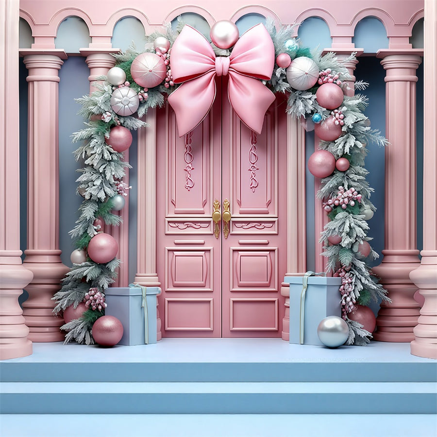 Pink Christmas Backdrop Pink Door Bow Garland Christmas Backdrop MRR9-