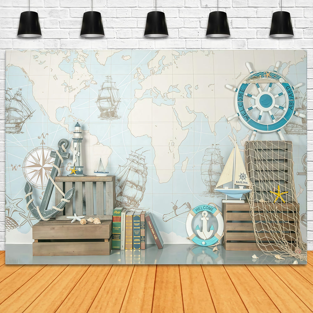 Newborn Backdrop Nautical Map Ships Helm Decor Kids Photo Backdrop MRR