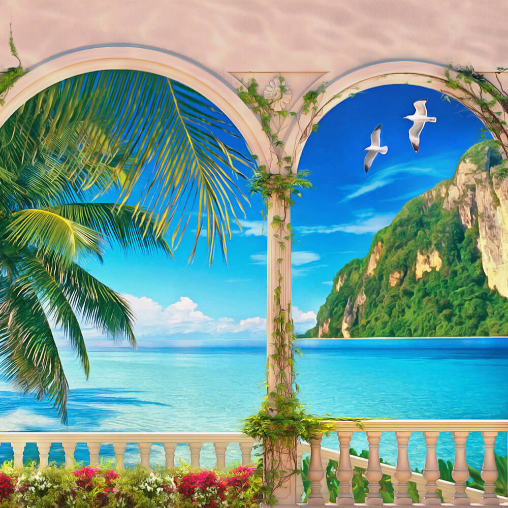 Blue Ocean Seaside Window Scenery Backdrop Room Set – Dbackdrop