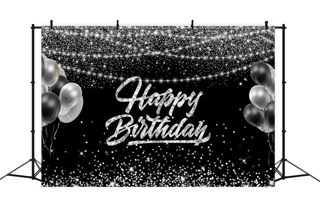 Custom Birthday Backdrops Glitter Balloons Black Silver Backdrop RR12-
