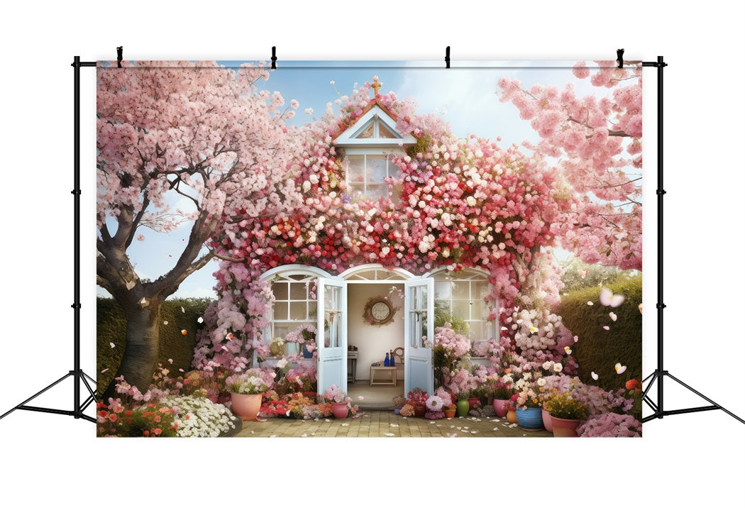 Spring Cherry Blossom Tree Romantic House Backdrop RR3-15 – Dbackdrop