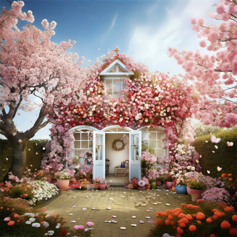 Spring Cherry Blossom Tree Romantic House Backdrop RR3-15 – Dbackdrop